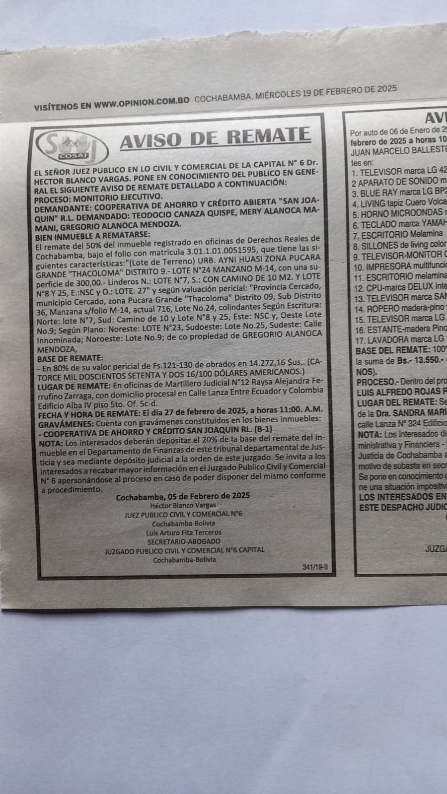 Avisos de Remate - Cooperativa COSAJ